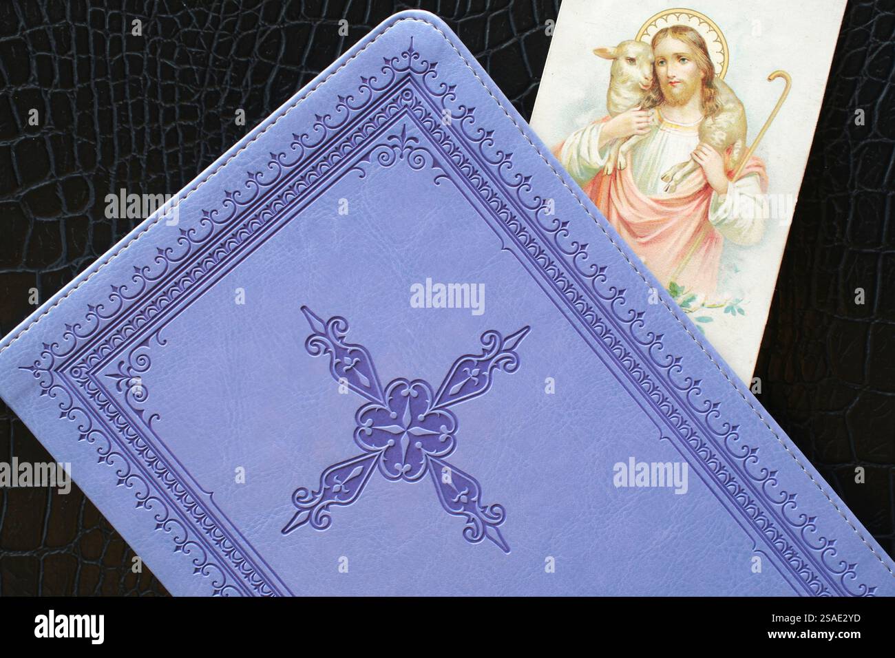 Blue Bible with a religious image. Jesus the good shepherd Stock Photo ...