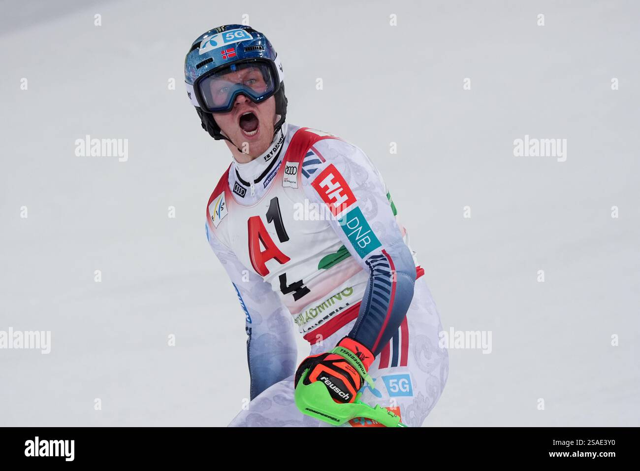Norway's Timon Haugan celebrates at the finish area of an alpine ski ...