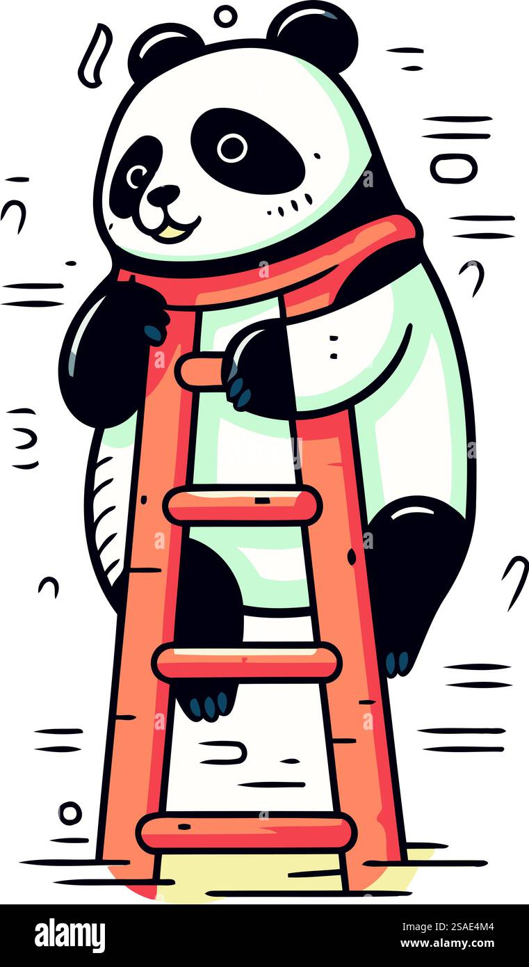 Cute panda bear character standing on ladder. Vector illustration Stock ...
