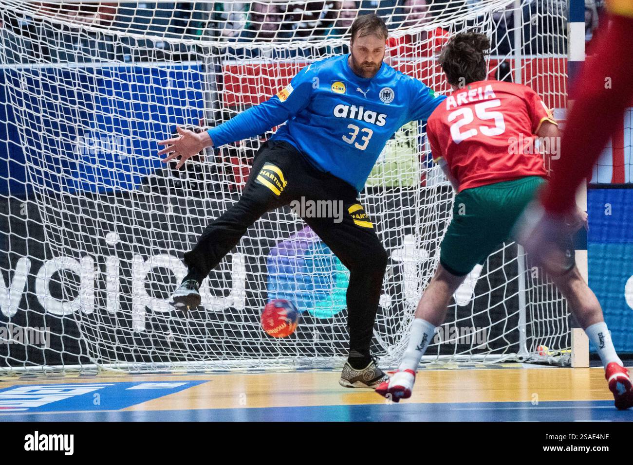 Bærum 20250129. Germany's goalkeeper Andreas Wolff saves a penalty ...
