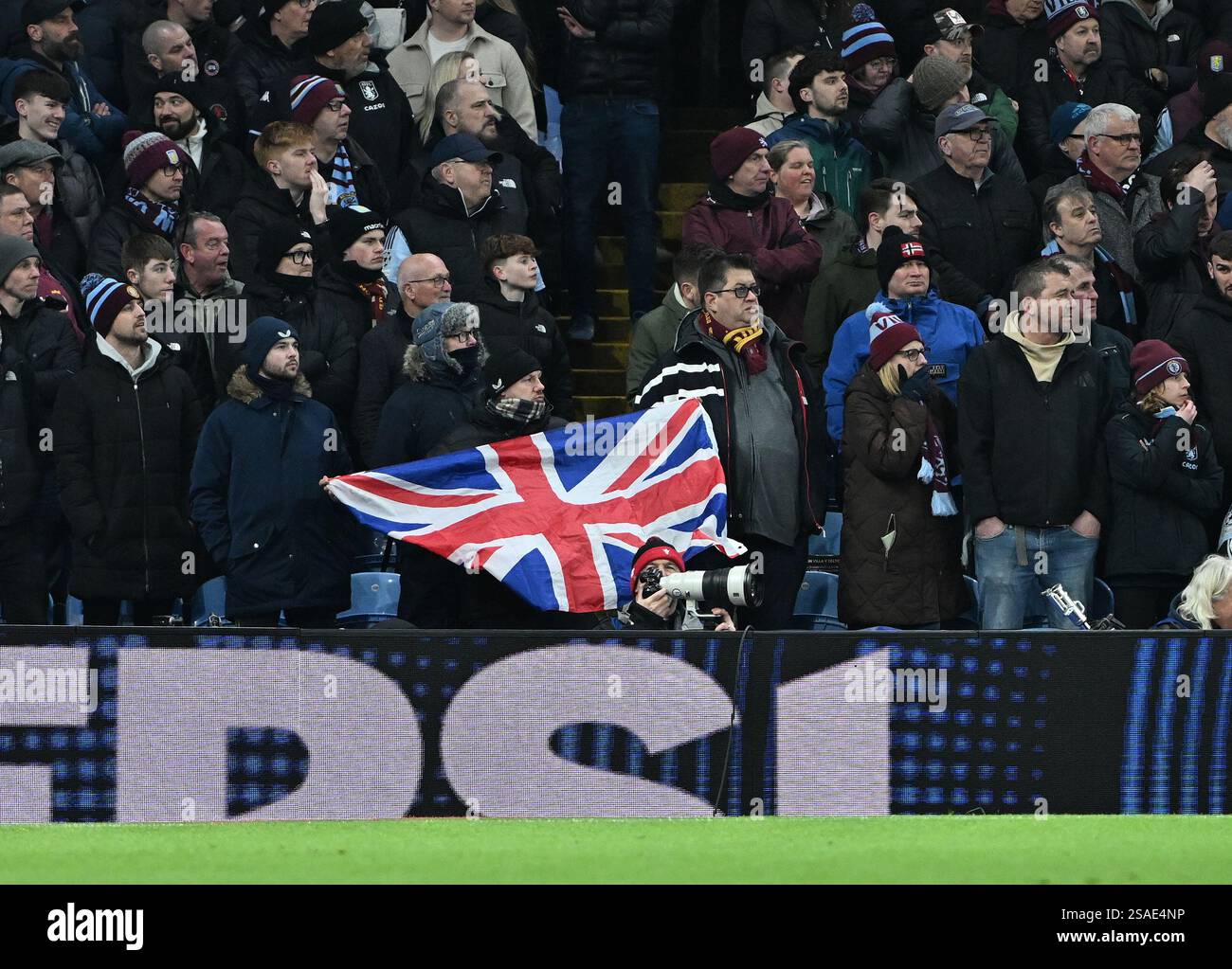 Birmingham, UK. 29th Jan, 2025. Aston Villa fans with a Union Jack flag ...