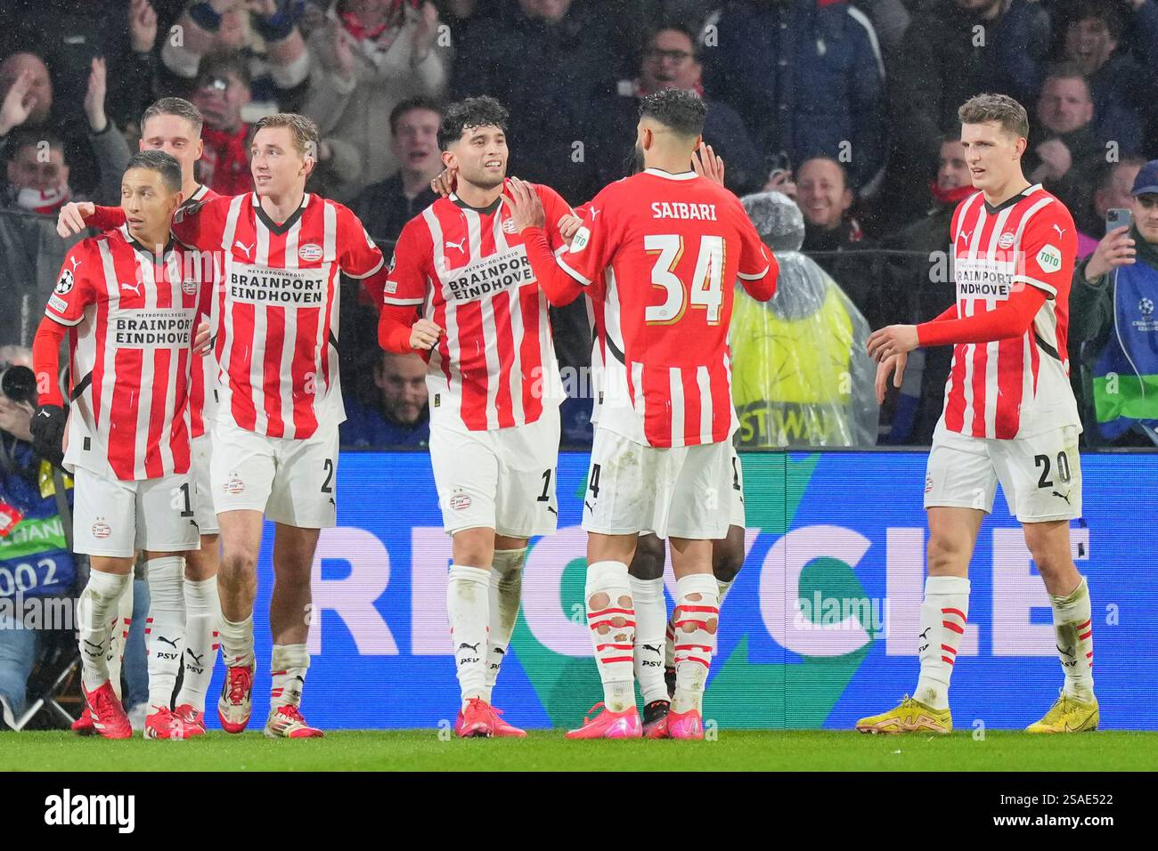 PSV players celebrate after a goal during the Champions League opening ...