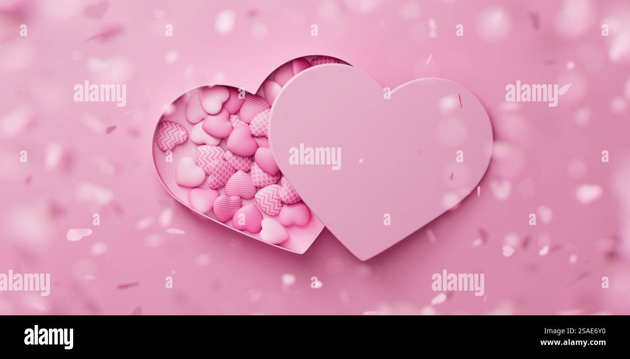 Pink opened heart-shaped box with rose hearts inside on a background ...