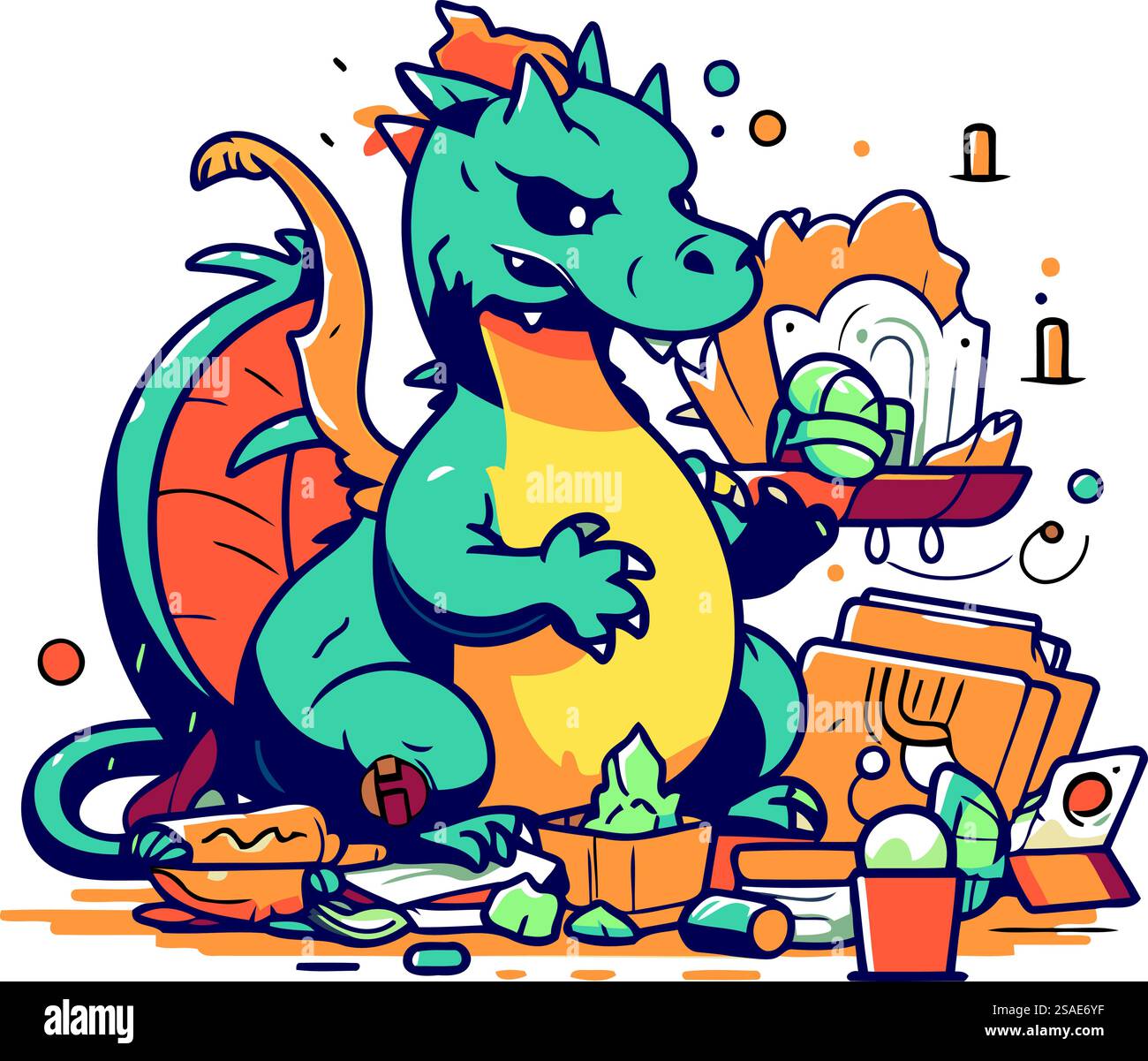 Vector illustration of a dragon eating a lot of food. Isolated on white ...
