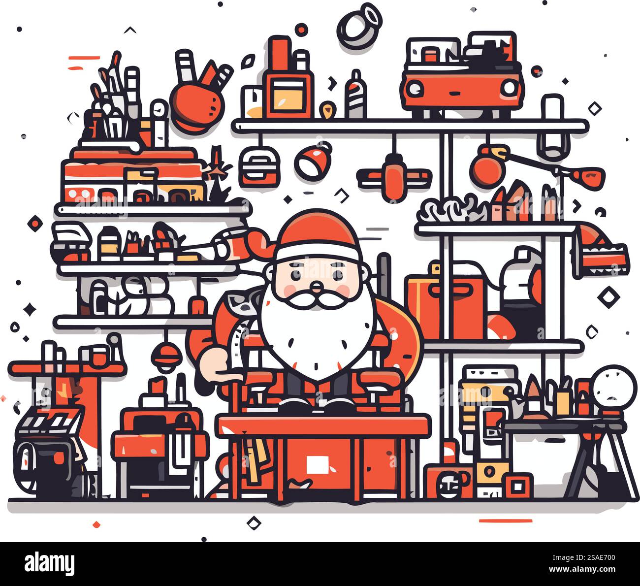 Santa Claus working in the repair shop. Vector line art illustration ...