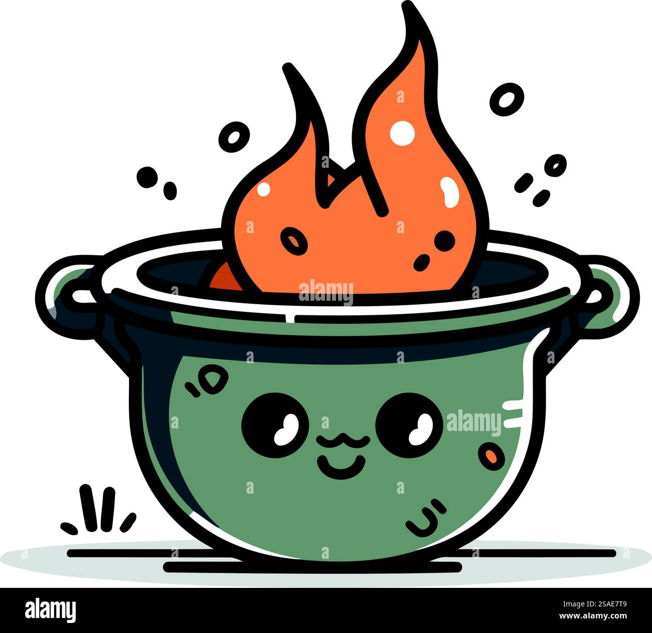 Cute cartoon cooking pot with fire. Vector illustration isolated on ...