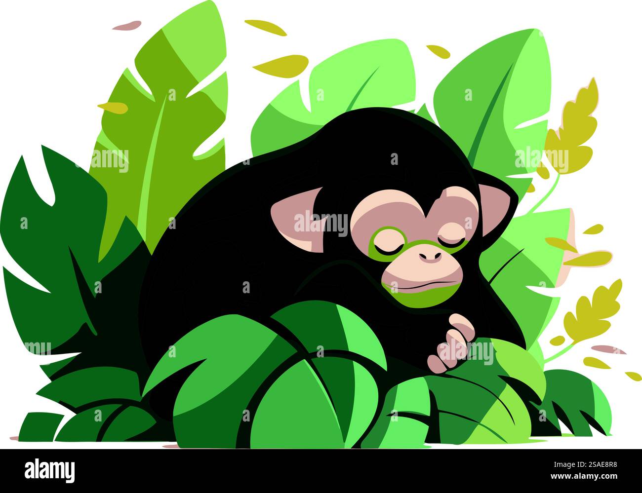 Chimpanzee sitting on green leaves. Vector illustration in cartoon ...