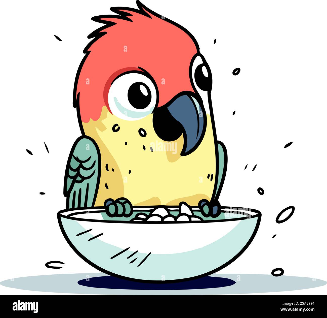 Cute parrot eating from a bowl. Vector illustration in cartoon style ...