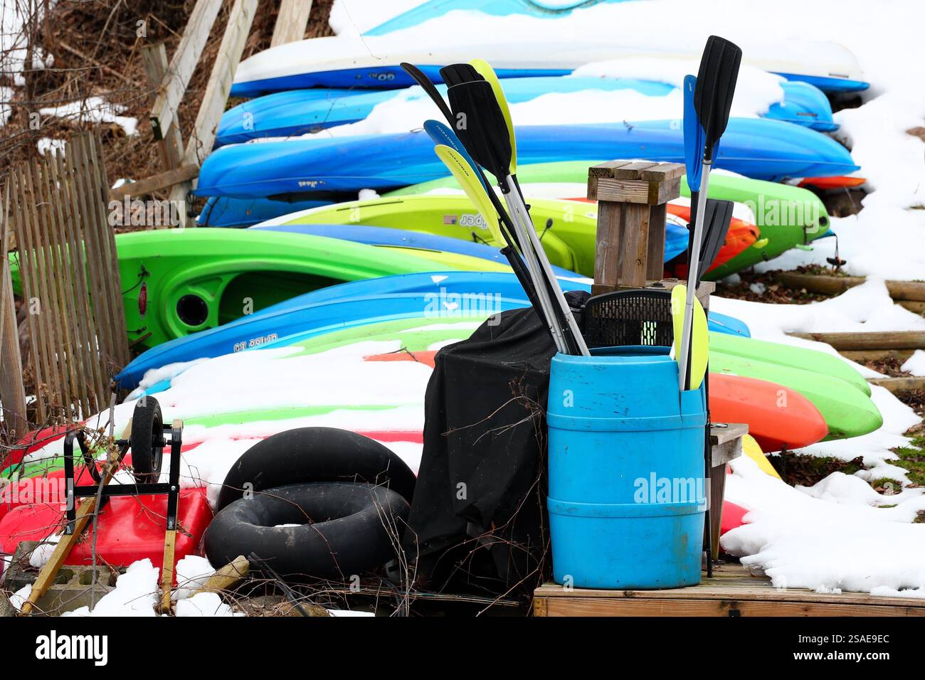 colorful kayaks at winter rest Stock Photo - Alamy