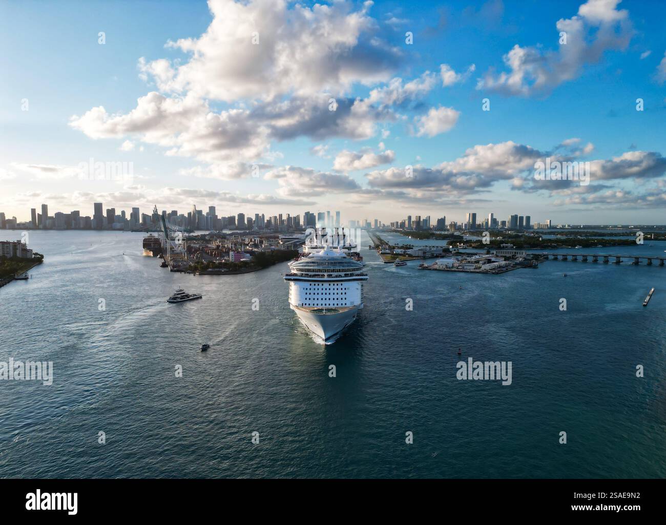 Miami tour. Cruise ship voyage. Aerial view of cruise in summer ...