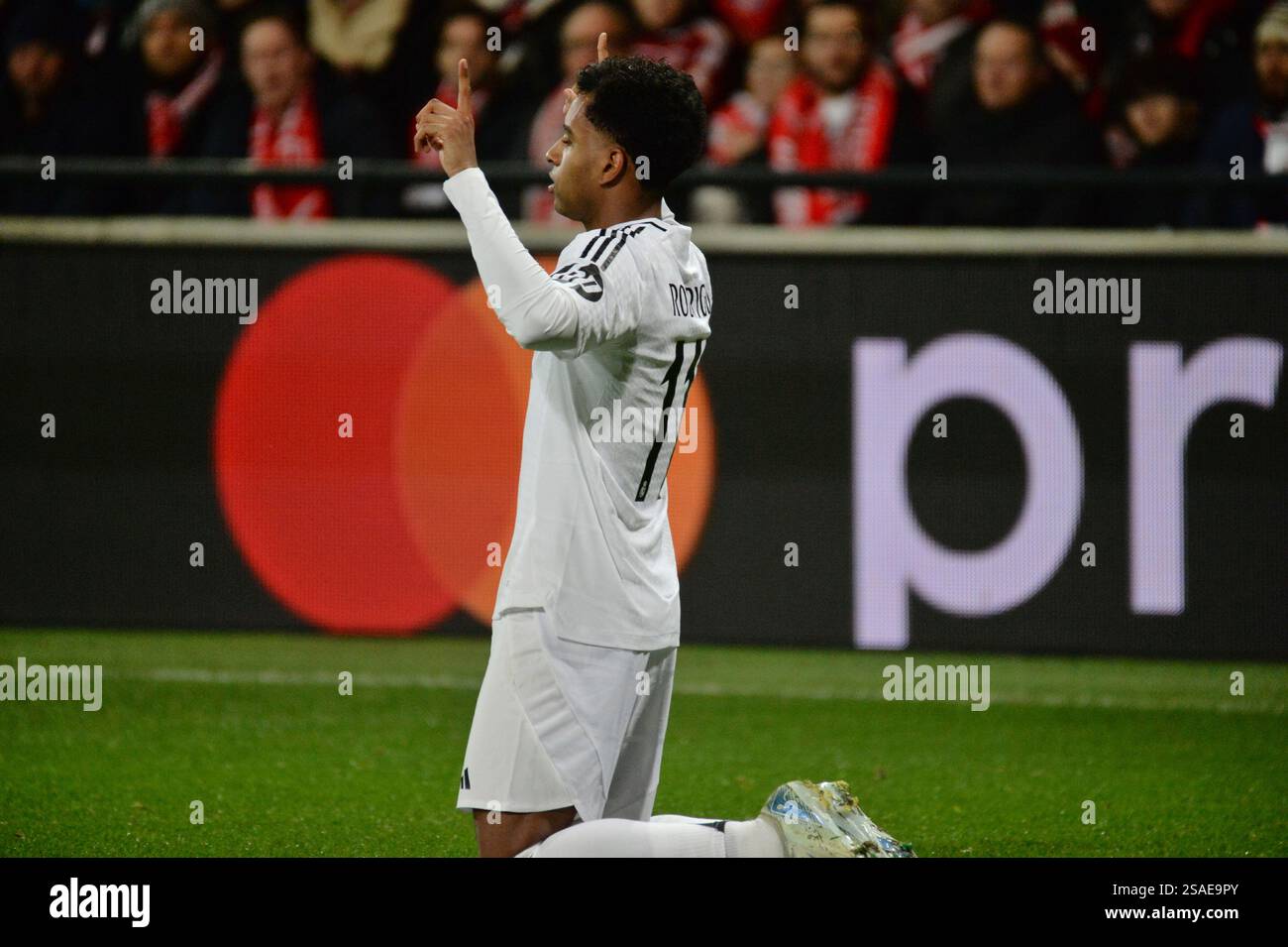 Real Madrid's Rodrygo celebrates after scoring his side's opening goal ...
