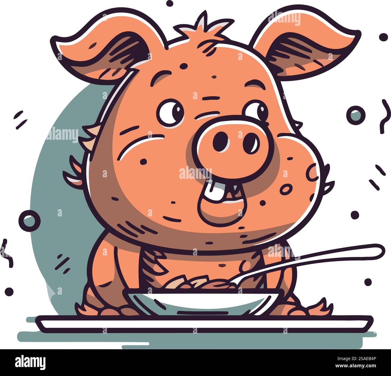 Funny pig with a plate of food. Vector illustration in cartoon style ...