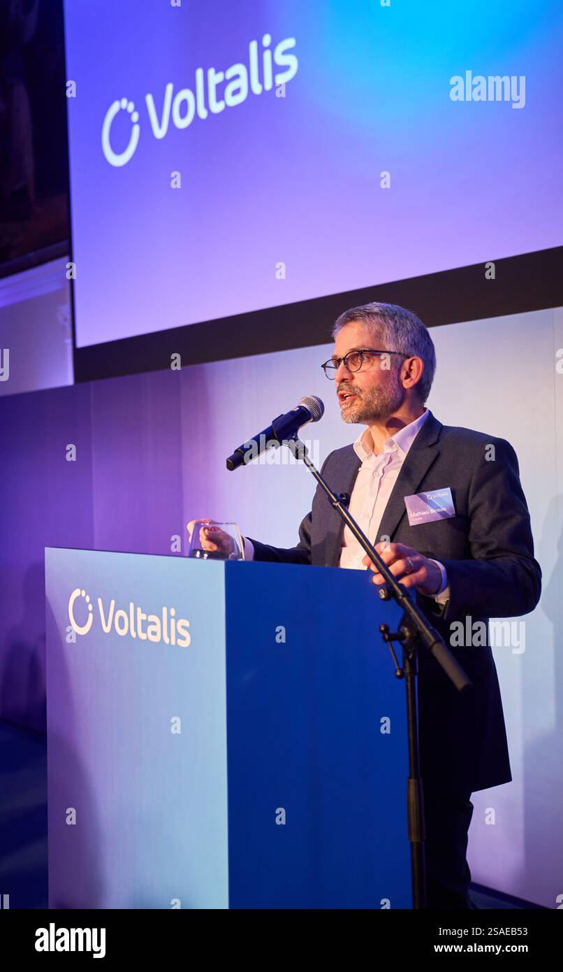EDITORIAL USE ONLY The CEO of Voltalis Group Mathieu Bineau speaks at ...
