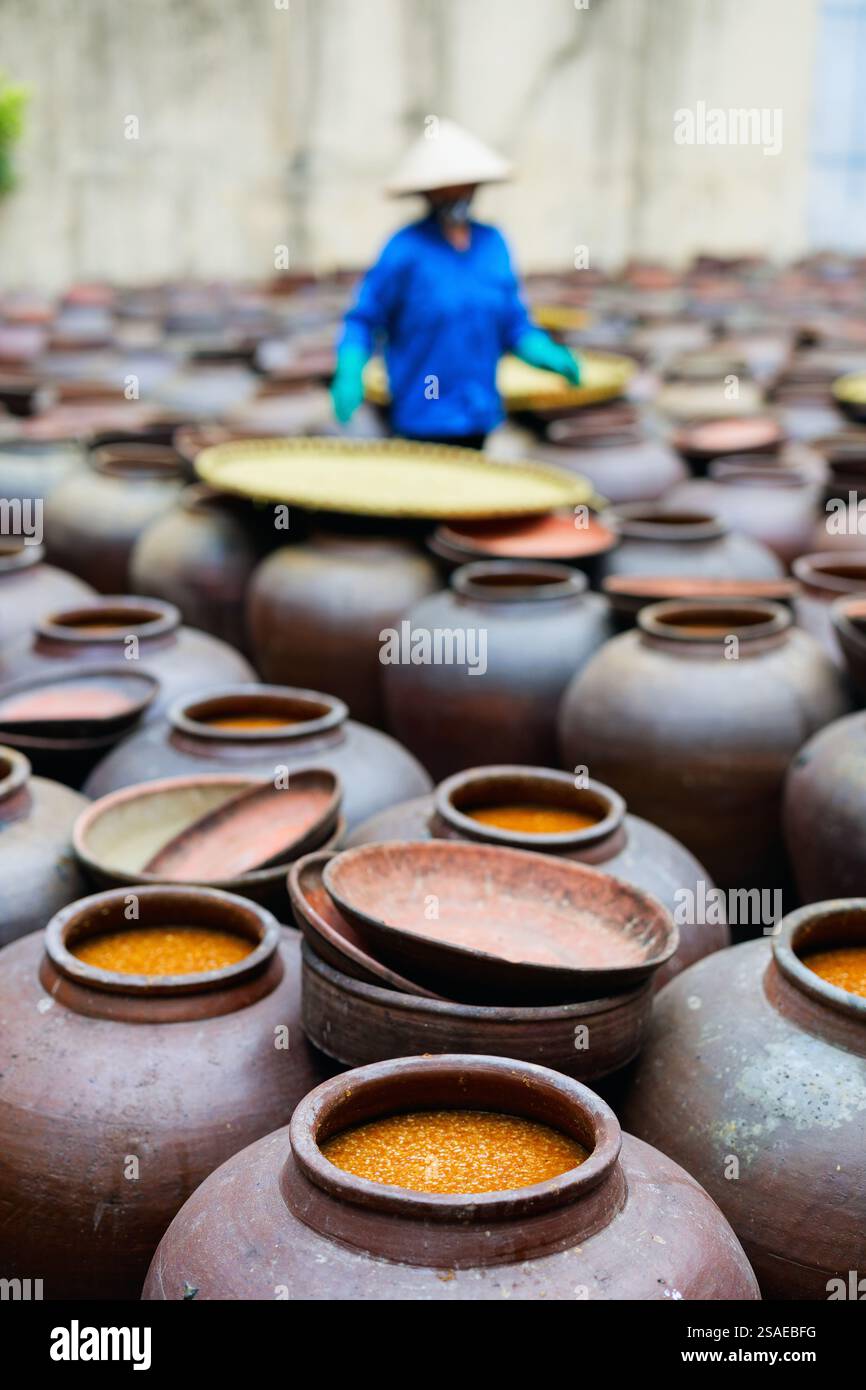 Ceramics pots where soya beans are fermented to produce soy sauce in ...