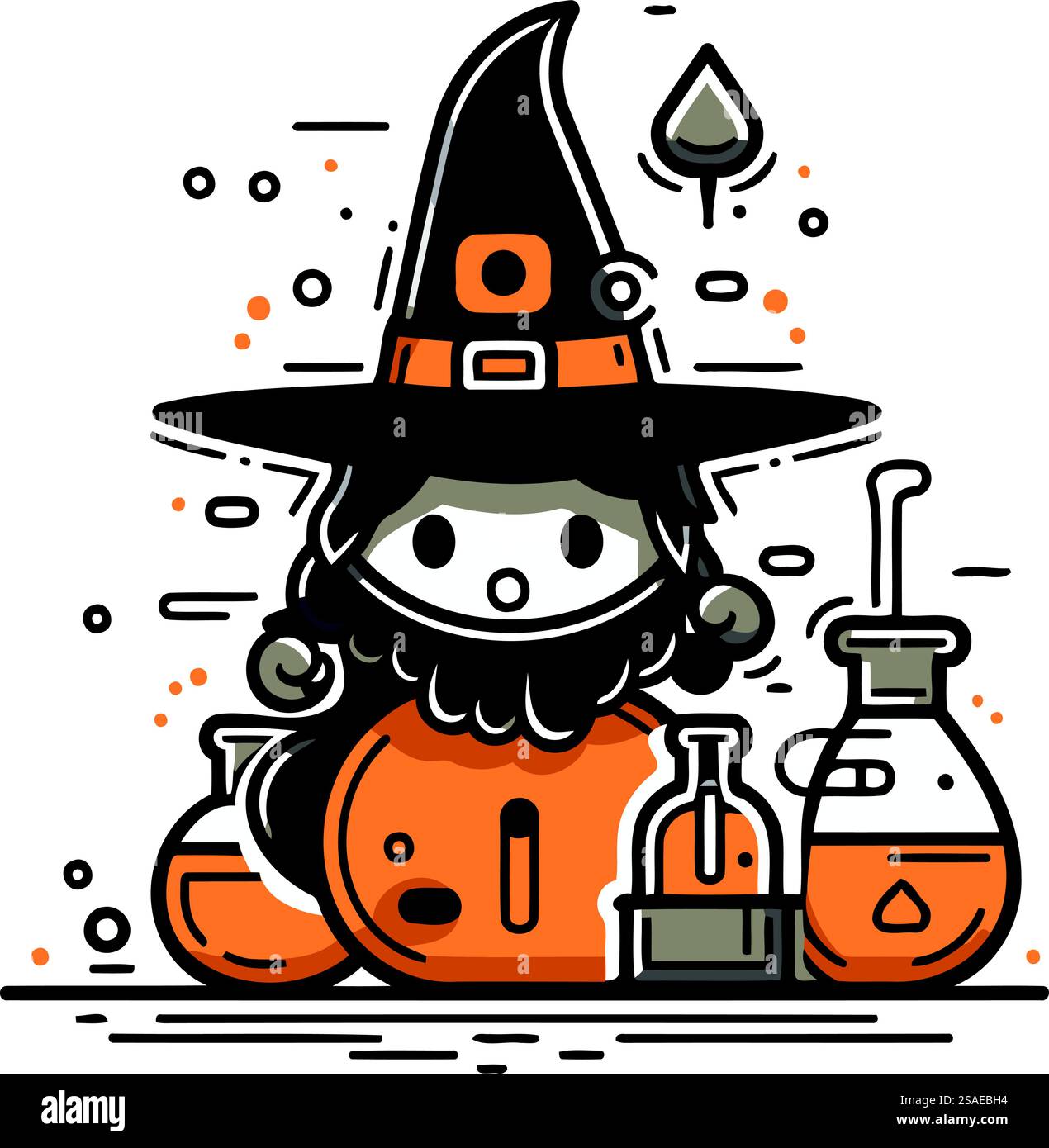 Cute cartoon witch with potion. Vector illustration in line style Stock ...