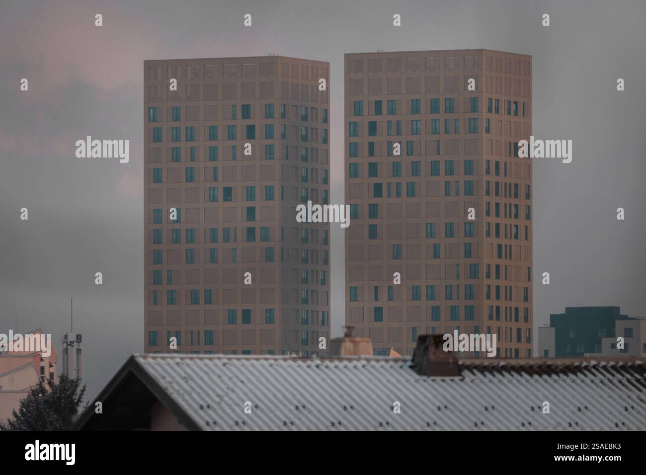 Two modern towers in Ljubljana,Slovenia are rising out from the fog and ...