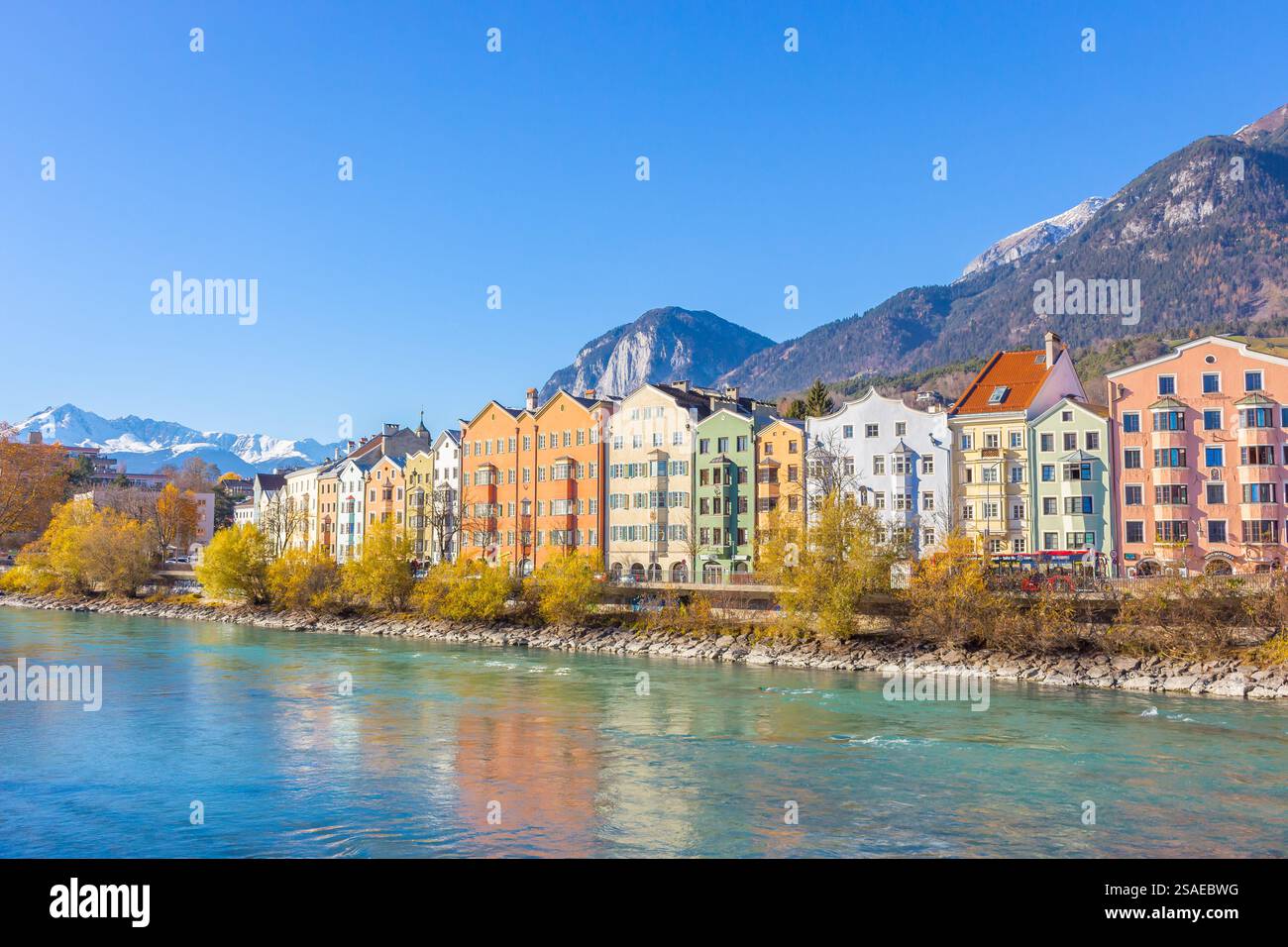Historical centre of Innsbruck. Innsbruck landmark. River embankment in ...