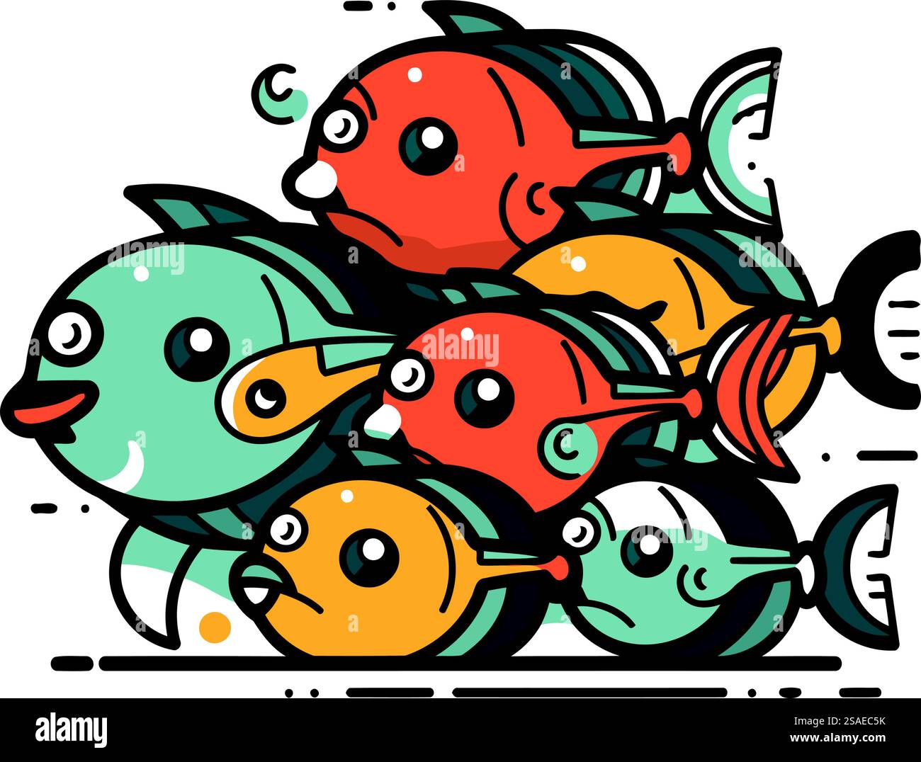 Vector illustration of a group of funny cartoon fish on white ...
