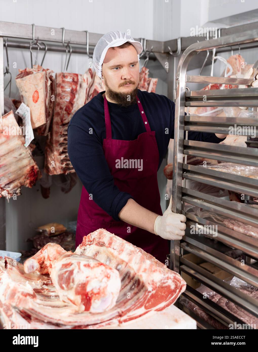 Butcher shop worker organizing meat racks in cold storage Stock Photo ...