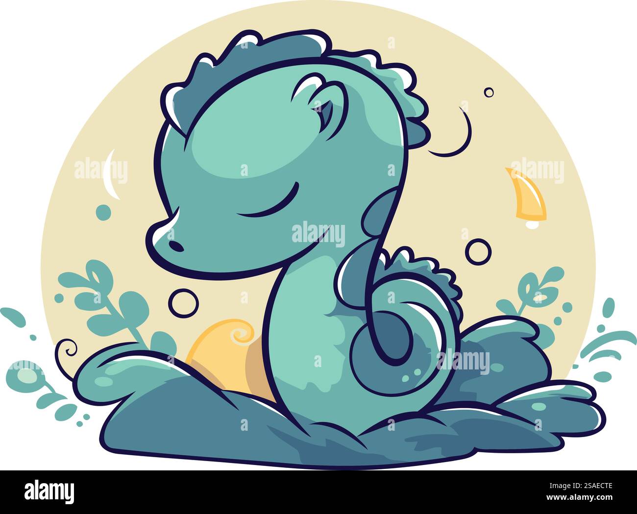 Vector illustration of a cute blue dinosaur with snail shell. Cartoon ...