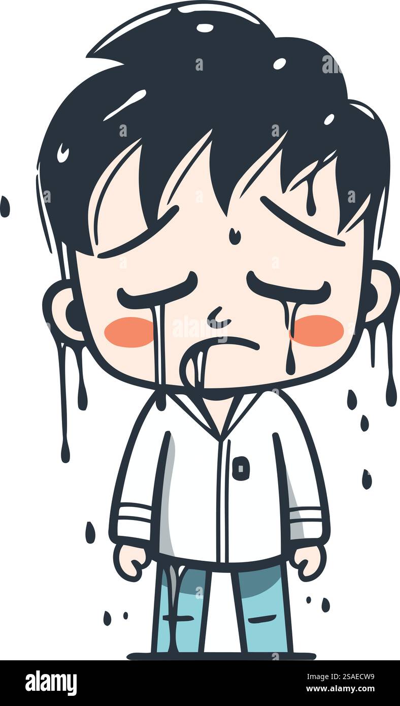 Illustration of a boy crying with tears on his face. vector ...