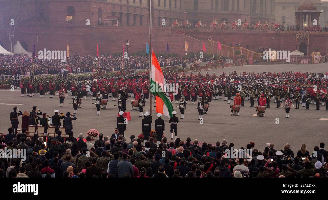 NEW DELHI, INDIA - JANUARY 29: The National Flag being unfurled during ...