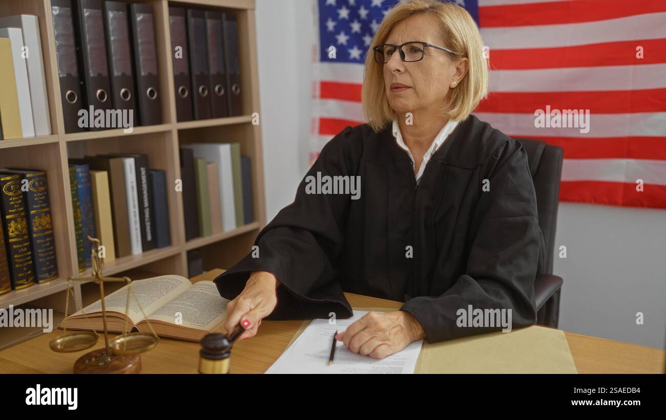 Mature caucasian woman judge with blonde short hair in an american ...