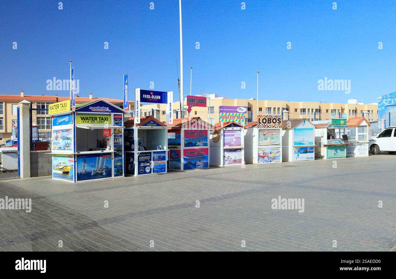 Lobos island ferry ticket booths, Corralejo harbour, Fuerteventura ...