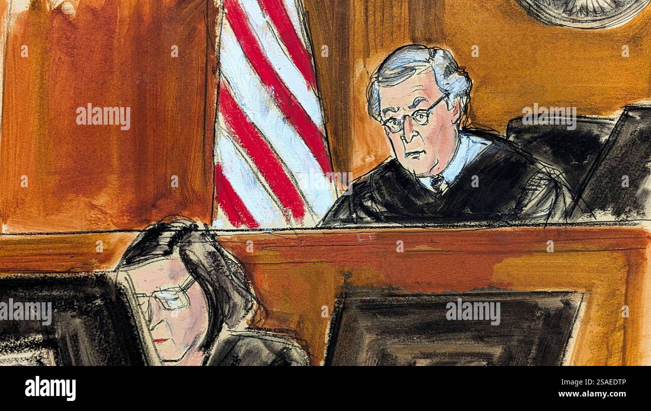 In this courtroom sketch, U.S. District Court Judge Sidney Stein speaks from the bench during ...