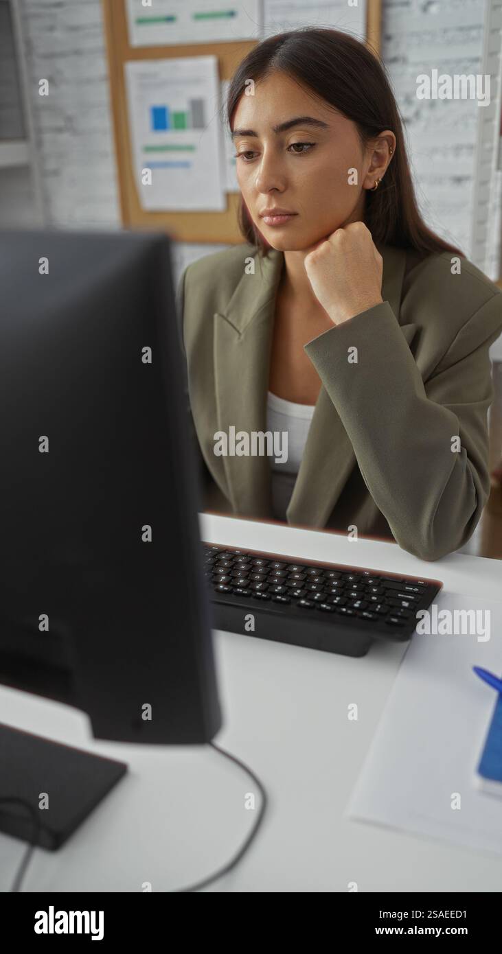 Young brunette woman working at computer in office, focused on monitor ...