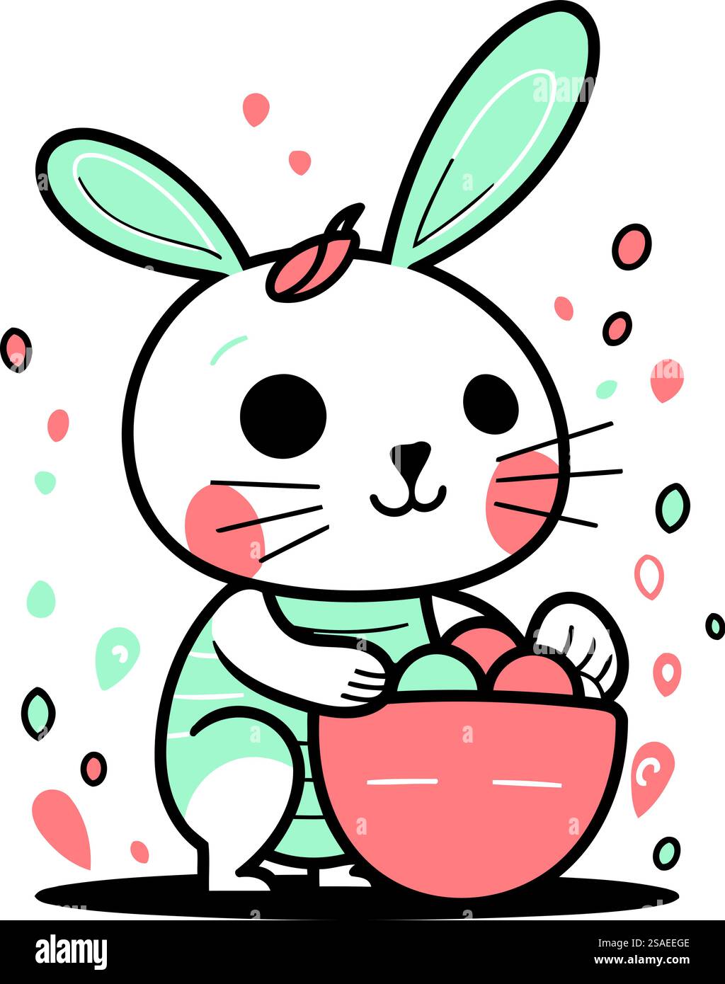 Cute cartoon bunny with basket full of eggs. Vector illustration Stock ...