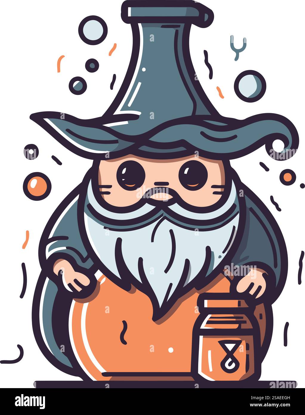 Cartoon wizard with a jar of potion. Vector illustration in a flat ...