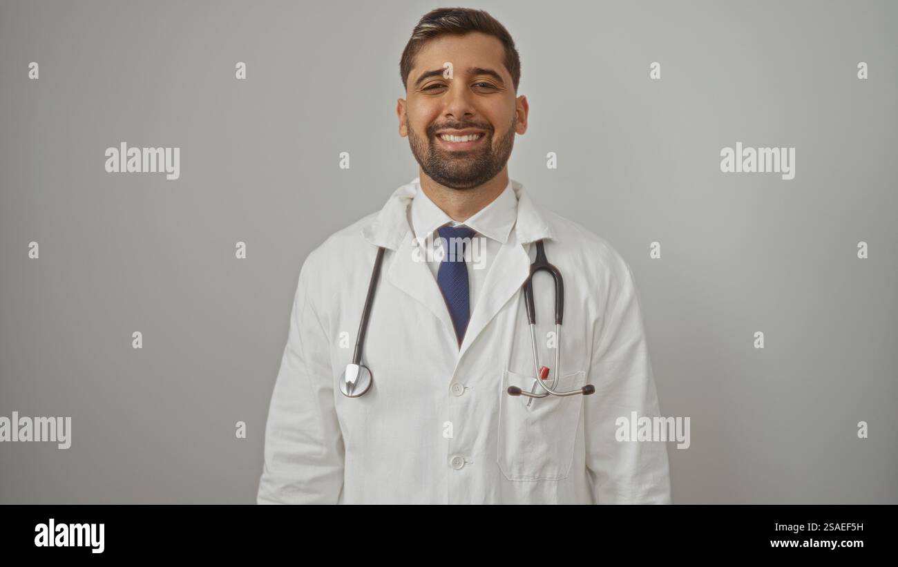 Smiling hispanic male doctor with stethoscope in white coat stands ...