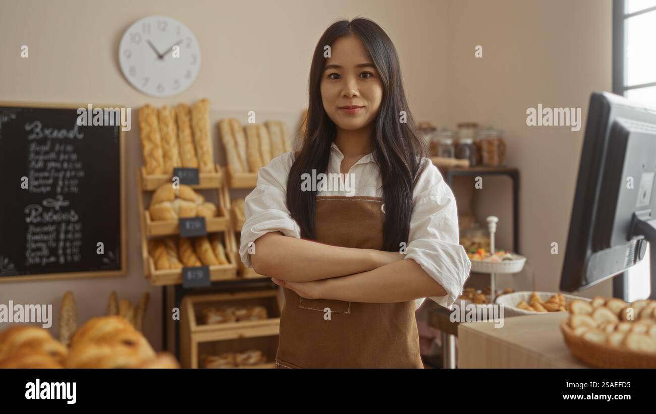 Asian woman with arms crossed in a bakery shop interior, surrounded by ...