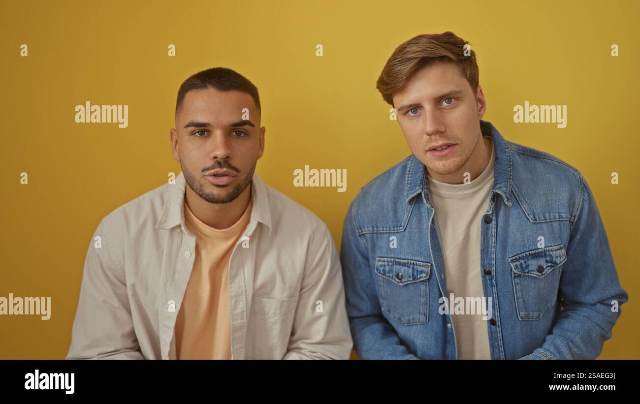 Handsome men friends posing together over isolated yellow background ...