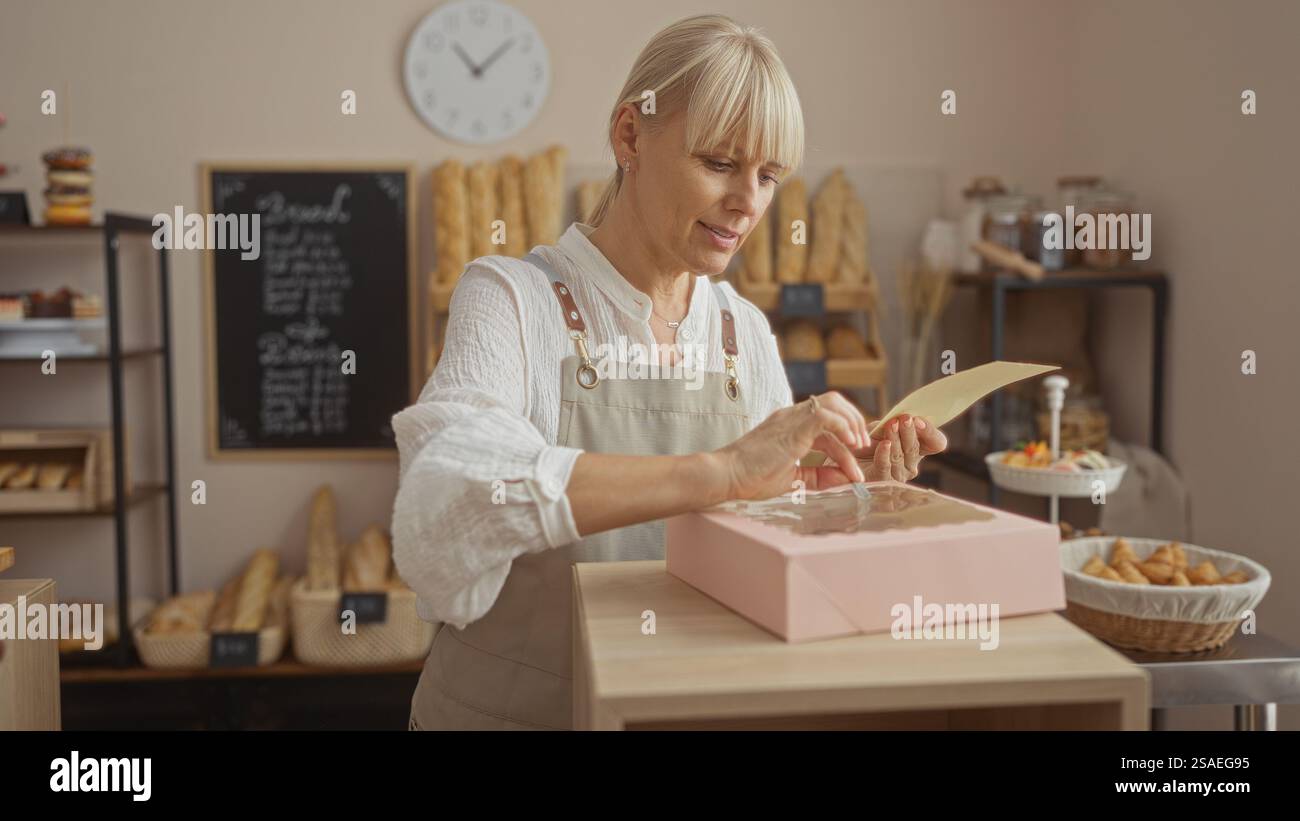 Mature woman in indoor bakery shop preparing a pink box surrounded by ...