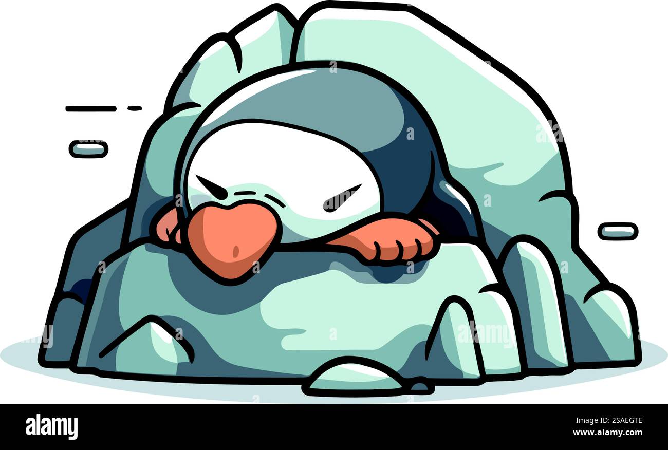 Penguin sleeping on stone cartoon vector illustration. Cute penguin ...