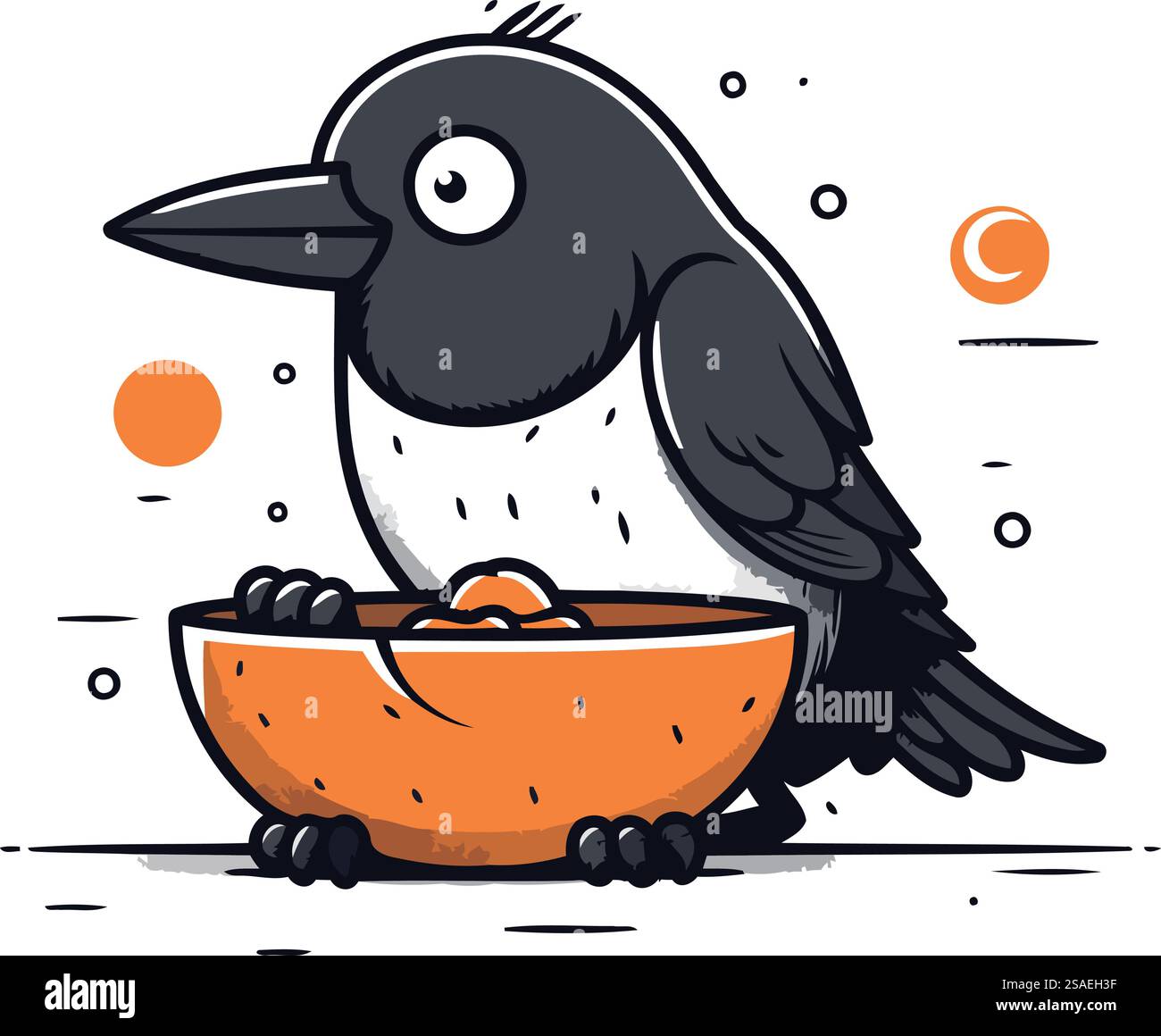 Cute cartoon crow eating from a bowl of food. Vector illustration Stock ...