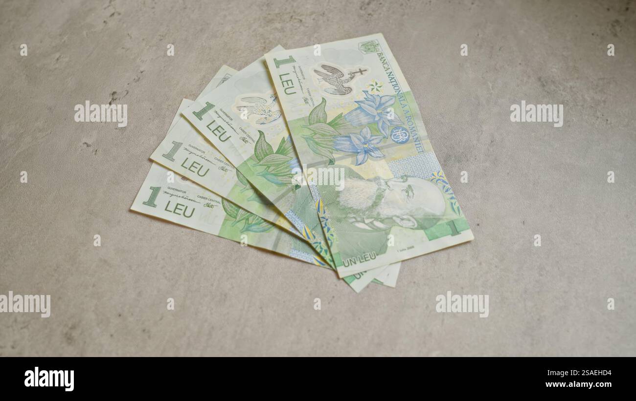 Romanian banknotes of 1 leu lie on a concrete surface, showcasing the ...
