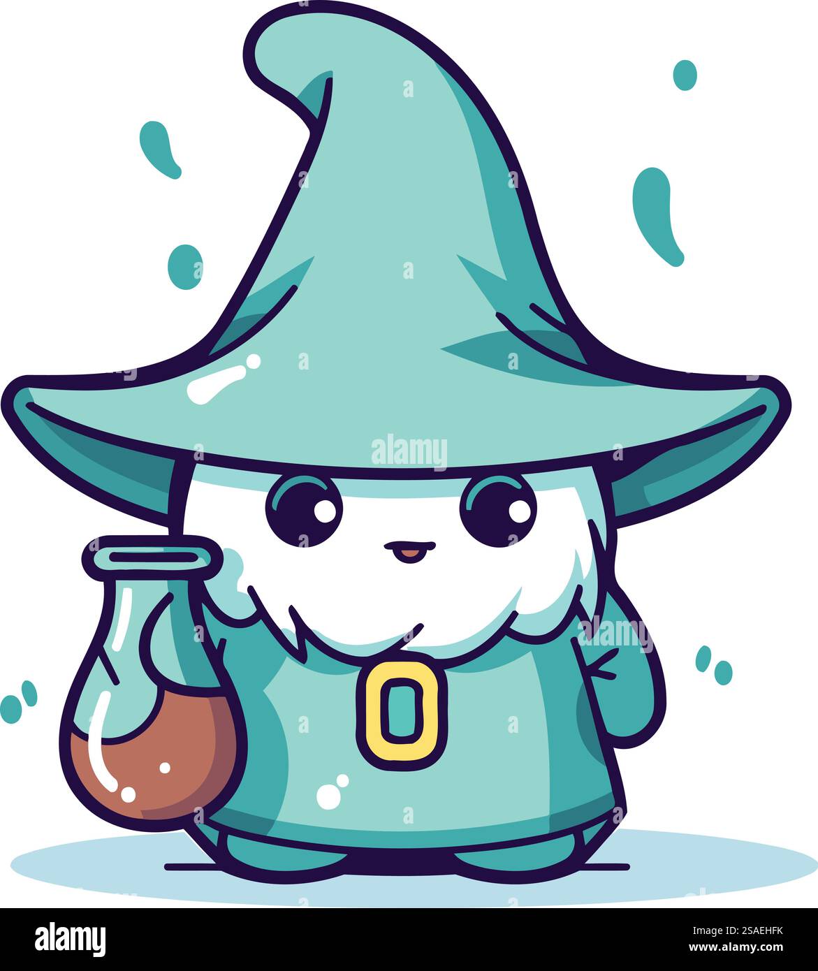 Cute cartoon wizard with a potion in his hand. Vector illustration ...