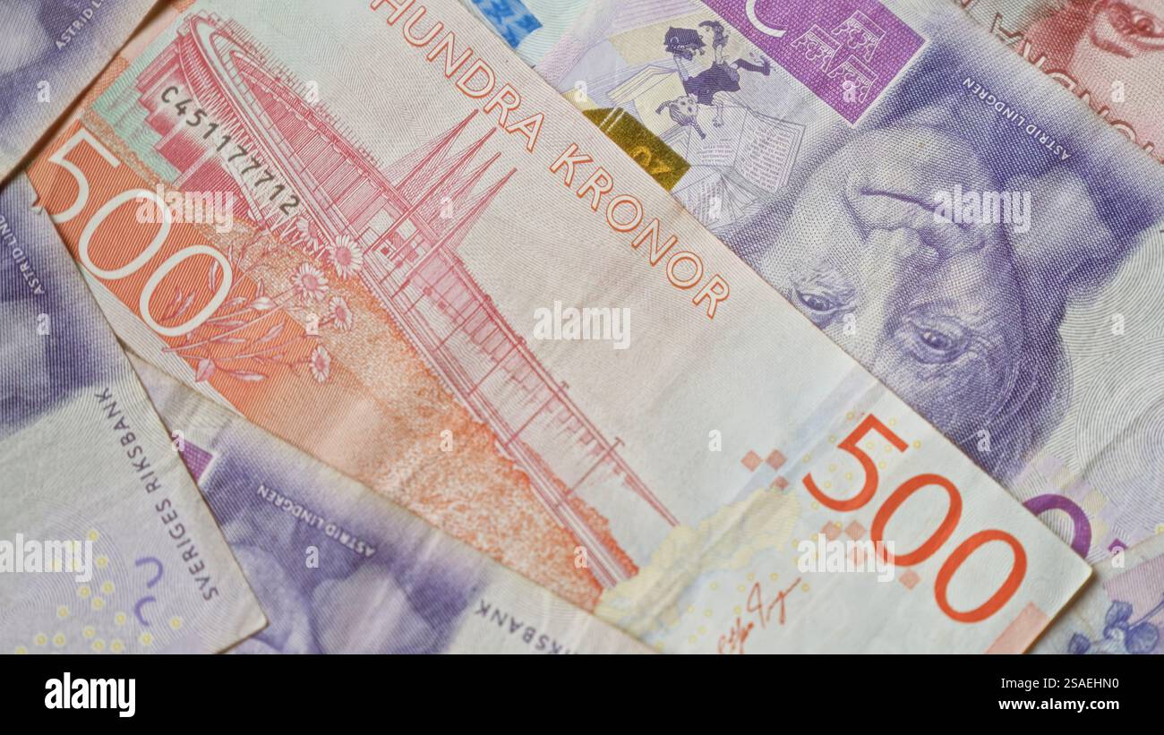 Swedish banknotes in various denominations, including 500 kronor ...