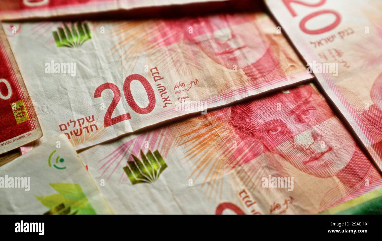 Closeup showing israel's twenty shekel banknotes emphasizing detailed ...