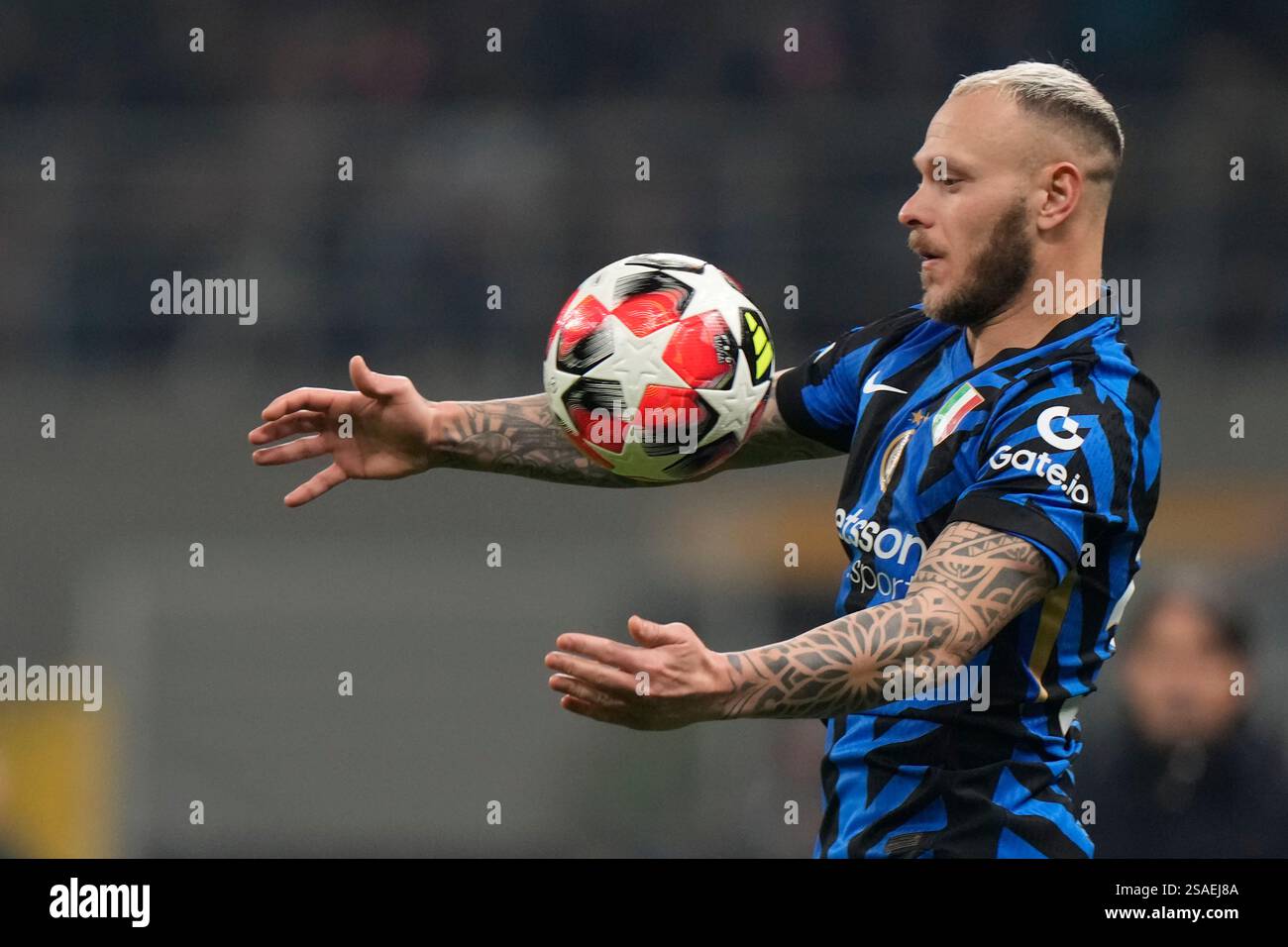 Inter Milan's Federico Dimarco controls the ball during a Champions ...