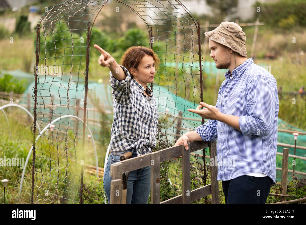 Woman quarreling with male neighbor, talking through fence Stock Photo - Alamy