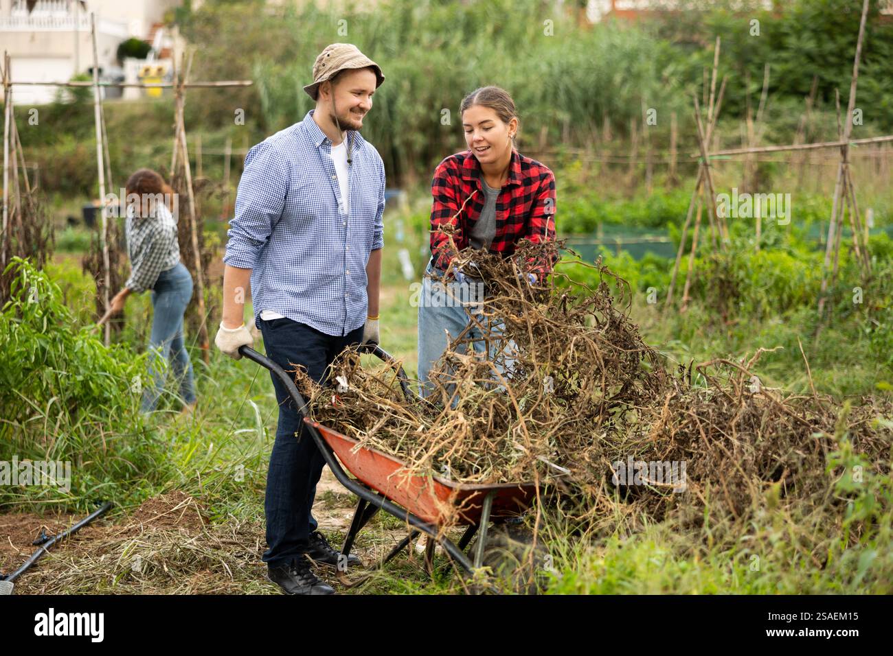 Woman and man takes out bunch of branches, puts garbage in wheelbarrow ...