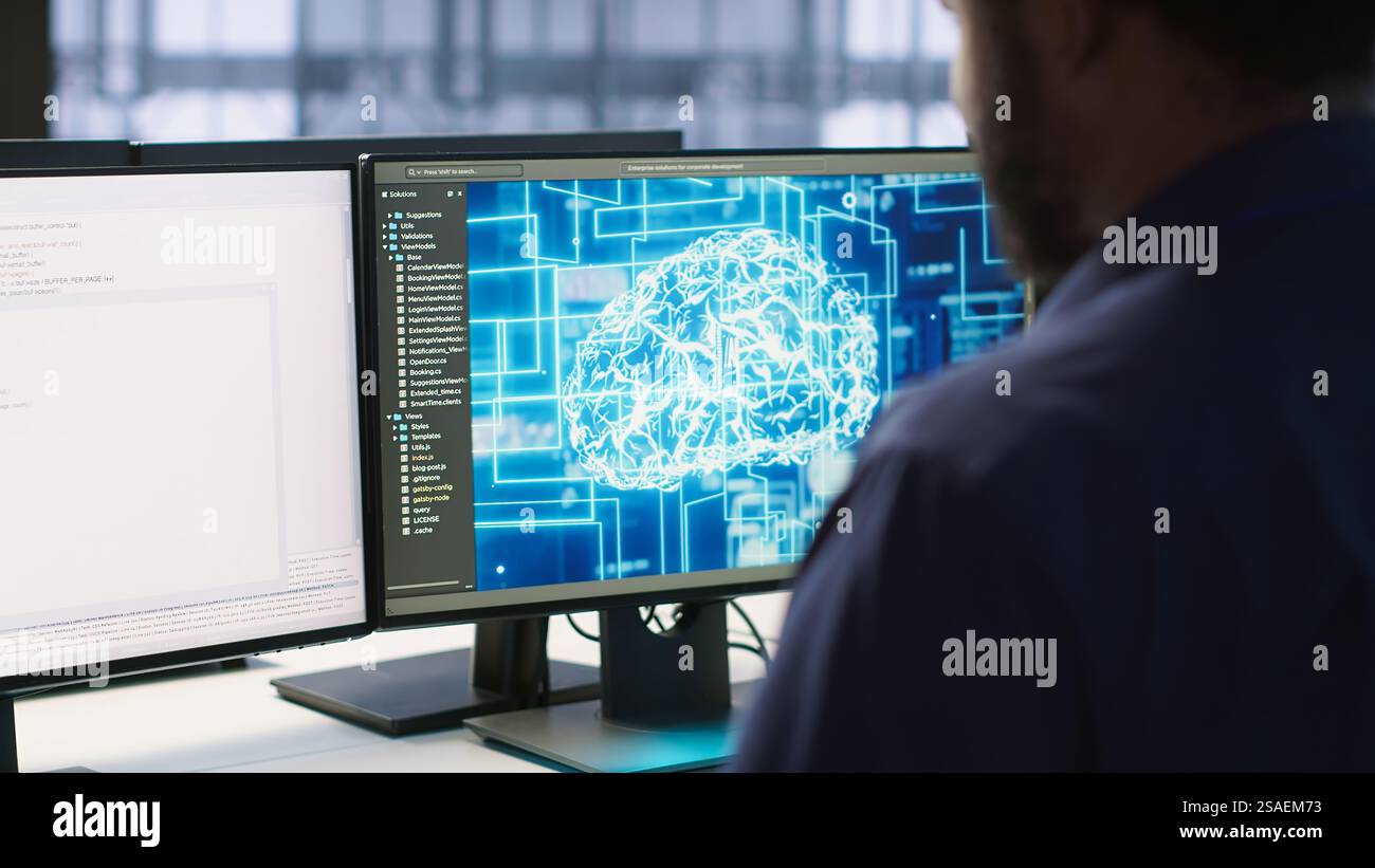 Machine learning expert in AI server room developing disaster recovery plans ensuring minimal ...