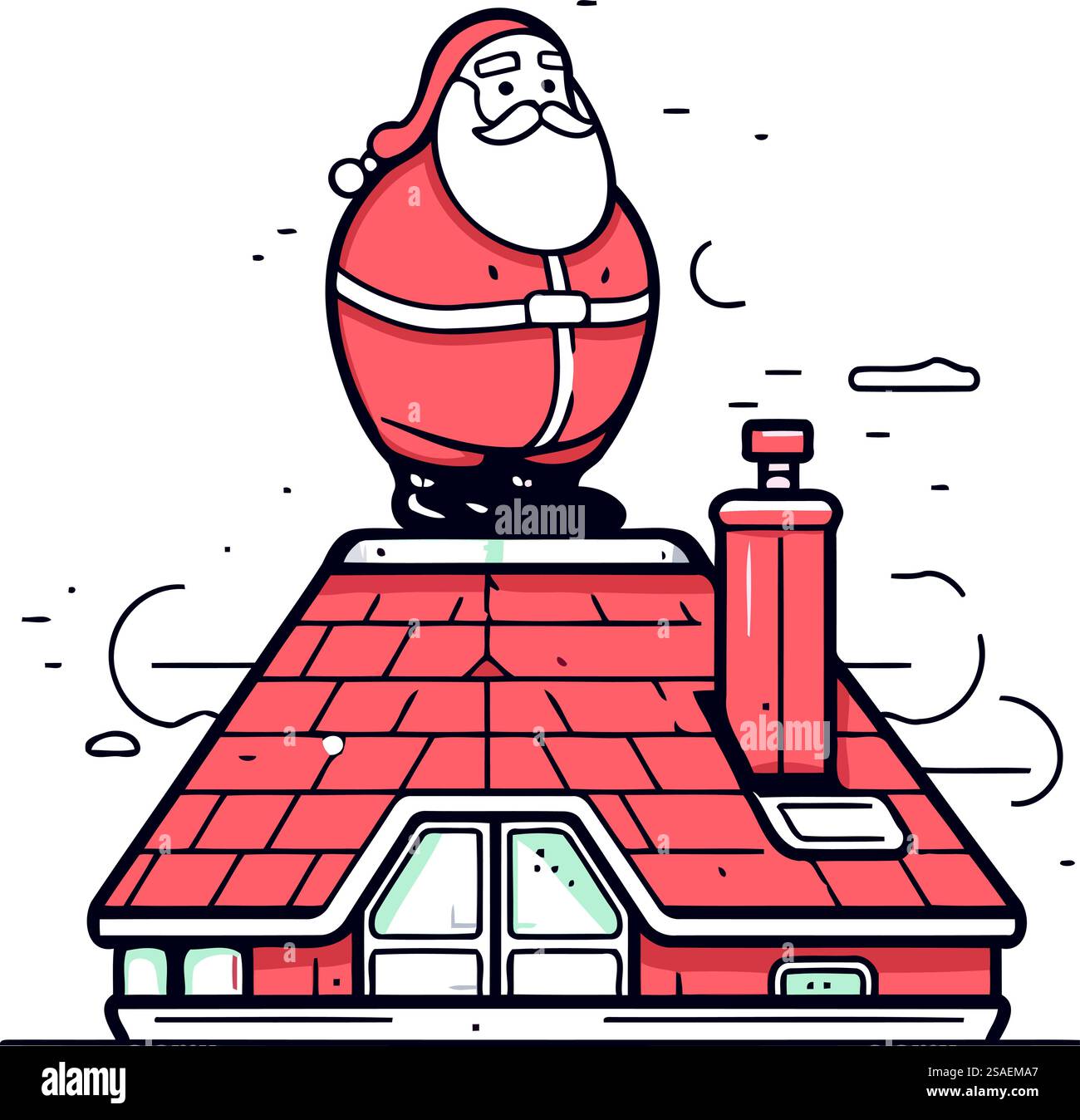 Santa Claus on the roof of the house. Vector illustration in linear ...