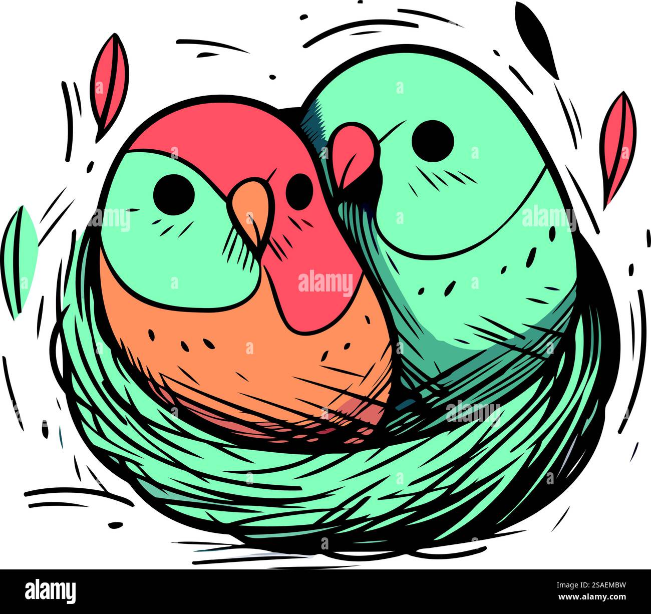 Vector illustration of cute birds in nest. Hand drawn doodle style ...