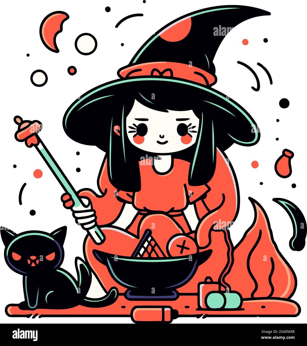 Cute little witch cooking potion. Vector illustration in cartoon style ...