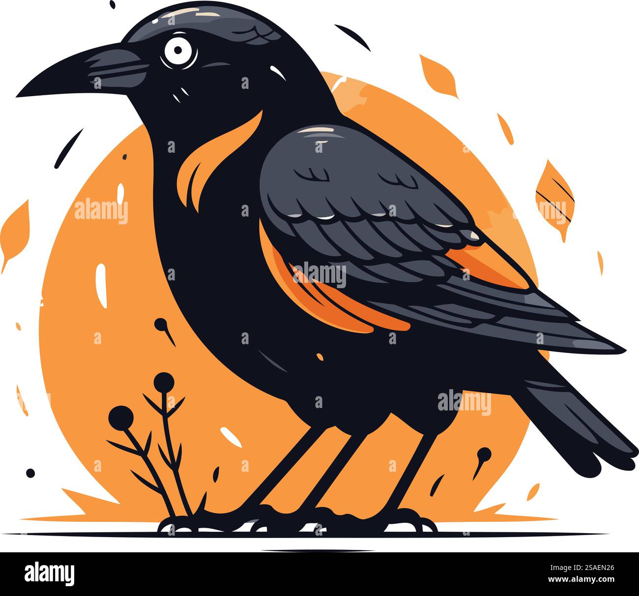 Crow vector illustration. Hand drawn black bird with orange background ...